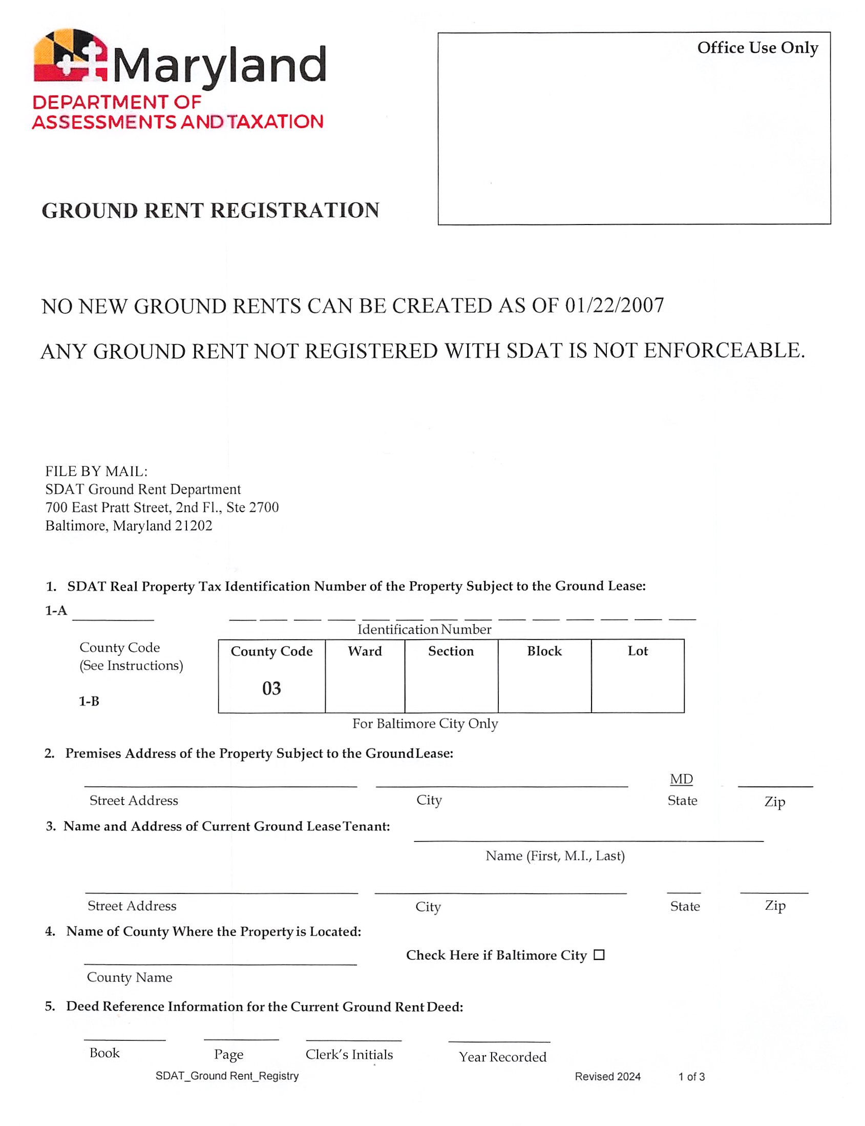 1st Time Maryland Ground Rent Registration Form - Maryland Ground Rent